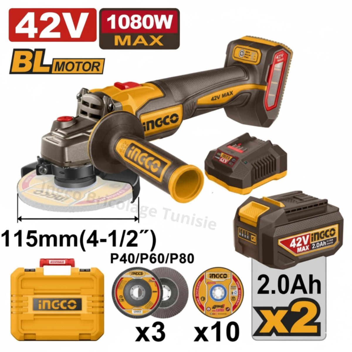 La meuleuse d'angle sans fil 42 V, 2 x 2 Ah INGCO CAGLI4108112 - Ingco Bricolage Tunisie